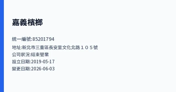 嘉義檳榔的照片-統編 85201794(新北市) 公司登記資料與營業項目詳細圖表