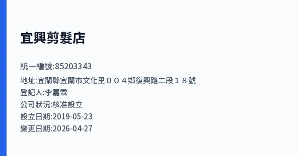 宜興剪髮店的照片-統編 85203343(宜蘭縣) 公司登記資料與營業項目詳細圖表