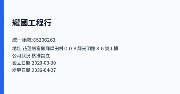 耀國工程行的照片-統編 85206263(花蓮縣) 公司登記資料與營業項目詳細圖表