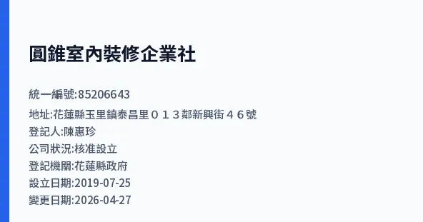 圓錐室內裝修企業社的照片-統編 85206643(花蓮縣) 公司登記資料與營業項目詳細圖表
