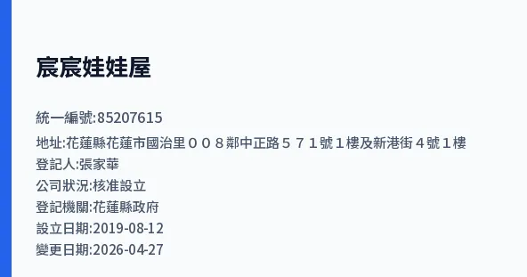 宸宸娃娃屋的照片-統編 85207615(花蓮縣) 公司登記資料與營業項目詳細圖表