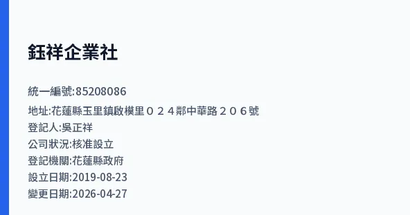 鈺祥企業社的照片-統編 85208086(花蓮縣) 公司登記資料與營業項目詳細圖表