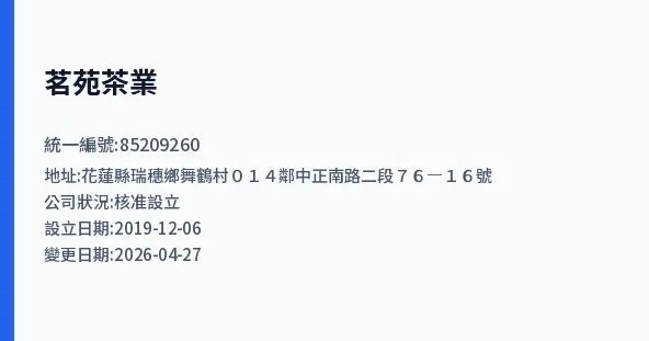 茗苑茶業的照片-統編 85209260(花蓮縣) 公司登記資料與營業項目詳細圖表