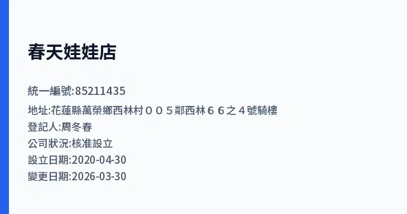 春天娃娃店的照片-統編 85211435(花蓮縣) 公司登記資料與營業項目詳細圖表