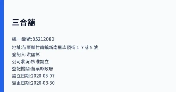 三合舖的照片-統編 85212080(苗栗縣) 公司登記資料與營業項目詳細圖表
