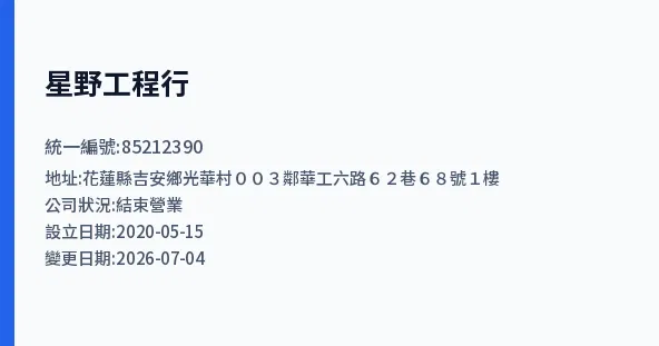 星野工程行的照片-統編 85212390(花蓮縣) 公司登記資料與營業項目詳細圖表