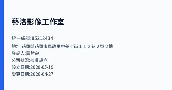 藝洛影像工作室的照片-統編 85212434(花蓮縣) 公司登記資料與營業項目詳細圖表