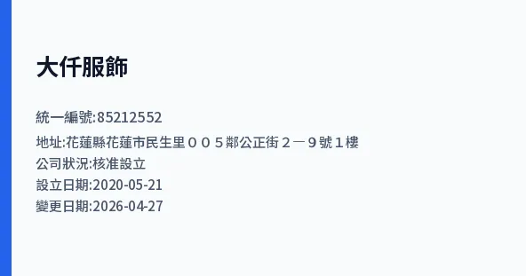 大仟服飾的照片-統編 85212552(花蓮縣) 公司登記資料與營業項目詳細圖表