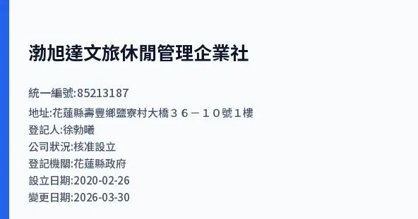 渤旭達文旅休閒管理企業社的照片-統編 85213187(花蓮縣) 公司登記資料與營業項目詳細圖表