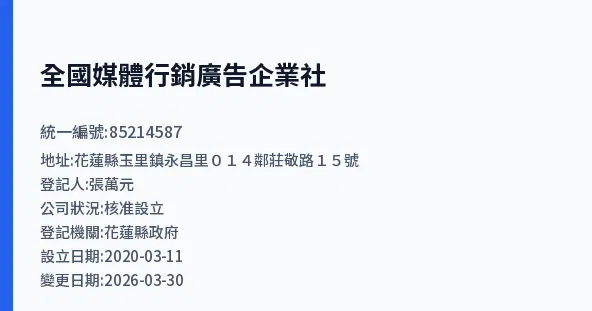 全國媒體行銷廣告企業社的照片-統編 85214587(花蓮縣) 公司登記資料與營業項目詳細圖表