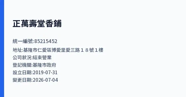 正萬壽堂香鋪的照片-統編 85215452(基隆市) 公司登記資料與營業項目詳細圖表