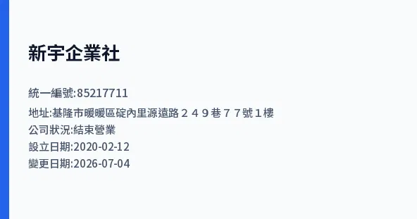 新宇企業社的照片-統編 85217711(基隆市) 公司登記資料與營業項目詳細圖表