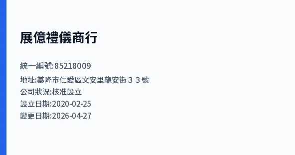展億禮儀商行的照片-統編 85218009(基隆市) 公司登記資料與營業項目詳細圖表