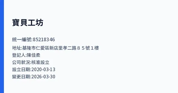 寶貝工坊的照片-統編 85218346(基隆市) 公司登記資料與營業項目詳細圖表