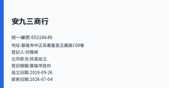 安九三商行的照片-統編 85218649(基隆市) 公司登記資料與營業項目詳細圖表