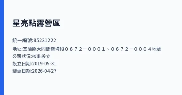 星亮點露營區的照片-統編 85221222(宜蘭縣) 公司登記資料與營業項目詳細圖表