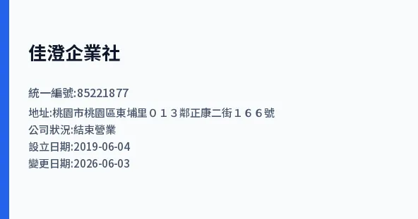 佳澄企業社的照片-統編 85221877(桃園市) 公司登記資料與營業項目詳細圖表