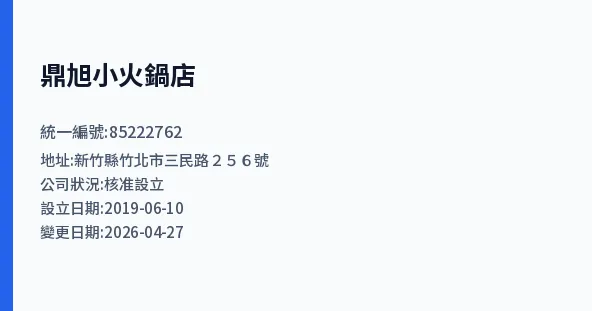 鼎旭小火鍋店的照片-統編 85222762(新竹縣) 公司登記資料與營業項目詳細圖表