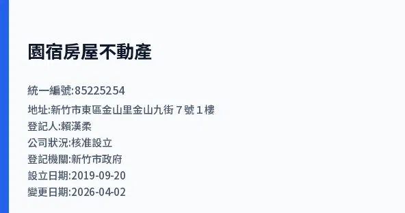 園宿房屋不動產的照片-統編 85225254(新竹市) 公司登記資料與營業項目詳細圖表