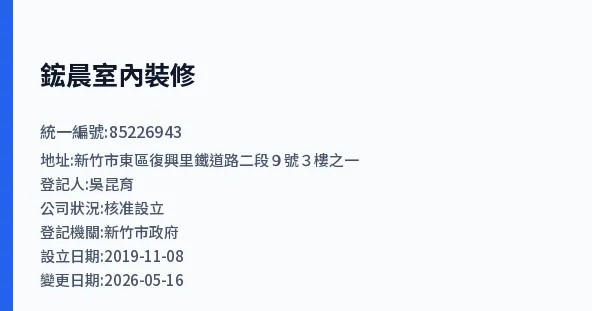 鋐晨室內裝修的照片-統編 85226943(新竹市) 公司登記資料與營業項目詳細圖表
