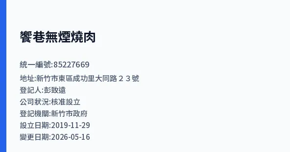 饗巷無煙燒肉的照片-統編 85227669(新竹市) 公司登記資料與營業項目詳細圖表