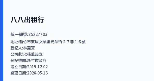 八八出租行的照片-統編 85227703(新竹市) 公司登記資料與營業項目詳細圖表