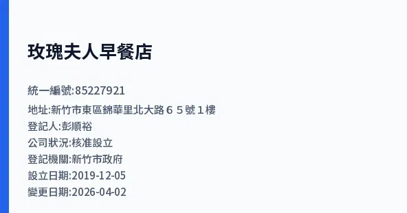 玫瑰夫人早餐店的照片-統編 85227921(新竹市) 公司登記資料與營業項目詳細圖表