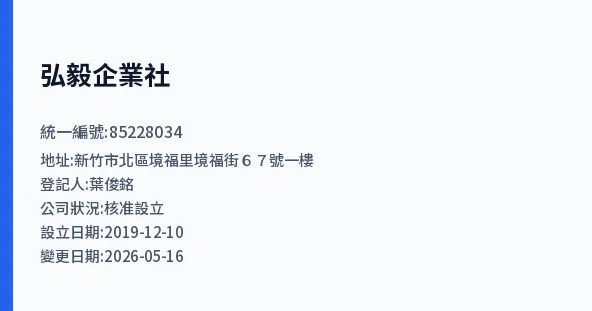 弘毅企業社的照片-統編 85228034(新竹市) 公司登記資料與營業項目詳細圖表