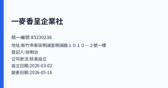 一麥香呈企業社的照片-統編 85230236(新竹市) 公司登記資料與營業項目詳細圖表