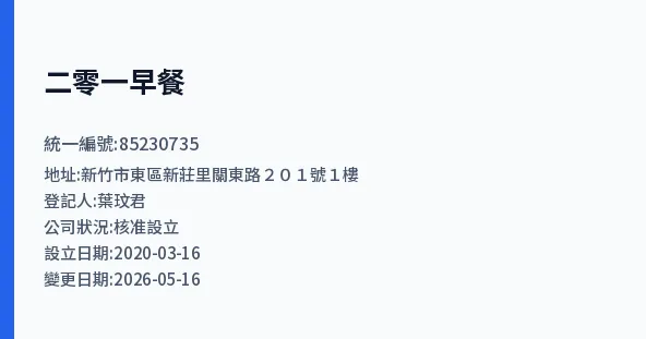 二零一早餐的照片-統編 85230735(新竹市) 公司登記資料與營業項目詳細圖表