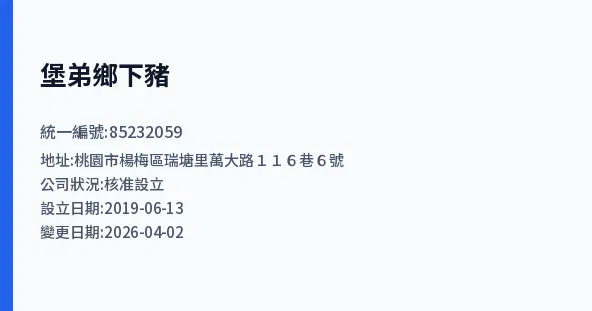 堡弟鄉下豬的照片-統編 85232059(桃園市) 公司登記資料與營業項目詳細圖表