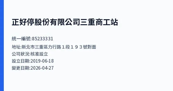 正好停股份有限公司三重商工站的照片-統編 85233331(新北市) 公司登記資料與營業項目詳細圖表