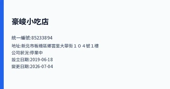 豪峻小吃店的照片-統編 85233894(新北市) 公司登記資料與營業項目詳細圖表