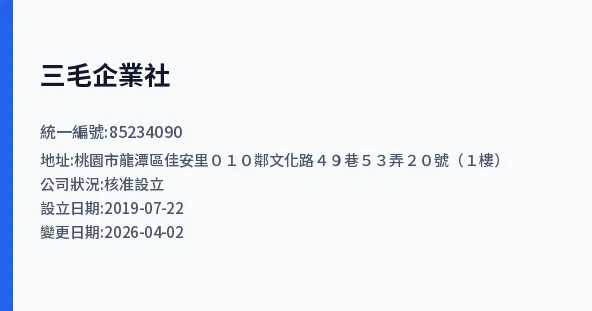 三毛企業社的照片-統編 85234090(桃園市) 公司登記資料與營業項目詳細圖表