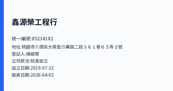 鑫源榮工程行的照片-統編 85234182(桃園市) 公司登記資料與營業項目詳細圖表