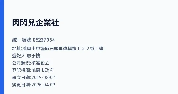 閃閃兒企業社的照片-統編 85237054(桃園市) 公司登記資料與營業項目詳細圖表