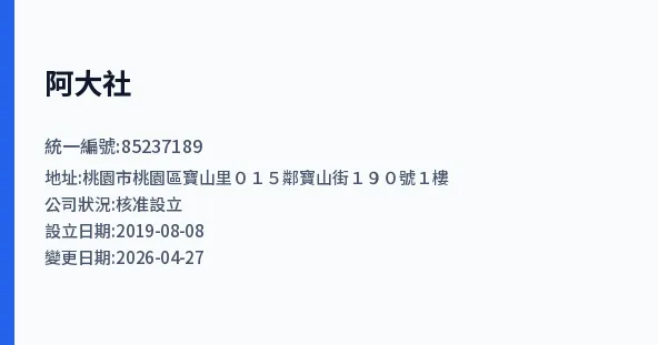 阿大社的照片-統編 85237189(桃園市) 公司登記資料與營業項目詳細圖表