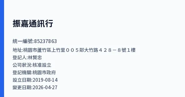 振嘉通訊行的照片-統編 85237863(桃園市) 公司登記資料與營業項目詳細圖表