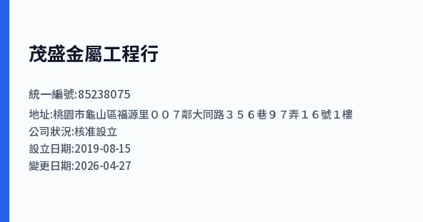 茂盛金屬工程行的照片-統編 85238075(桃園市) 公司登記資料與營業項目詳細圖表