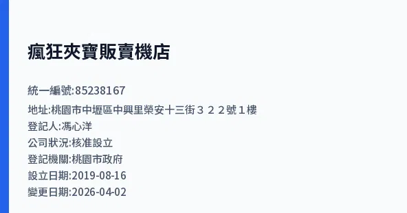 瘋狂夾寶販賣機店的照片-統編 85238167(桃園市) 公司登記資料與營業項目詳細圖表