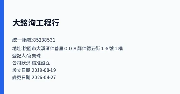 大銘洵工程行的照片-統編 85238531(桃園市) 公司登記資料與營業項目詳細圖表