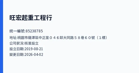 旺宏起重工程行的照片-統編 85238785(桃園市) 公司登記資料與營業項目詳細圖表