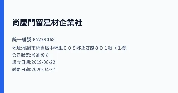 尚慶門窗建材企業社的照片-統編 85239068(桃園市) 公司登記資料與營業項目詳細圖表