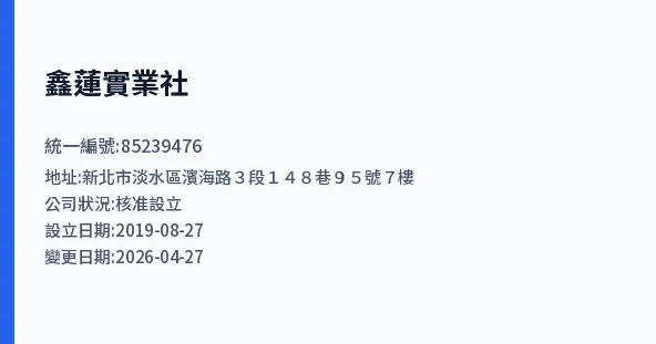 鑫蓮實業社的照片-統編 85239476(新北市) 公司登記資料與營業項目詳細圖表