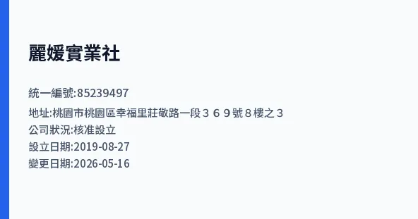 麗媛實業社的照片-統編 85239497(桃園市) 公司登記資料與營業項目詳細圖表