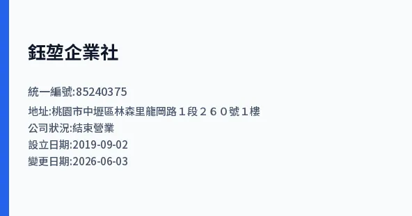 鈺堃企業社的照片-統編 85240375(桃園市) 公司登記資料與營業項目詳細圖表