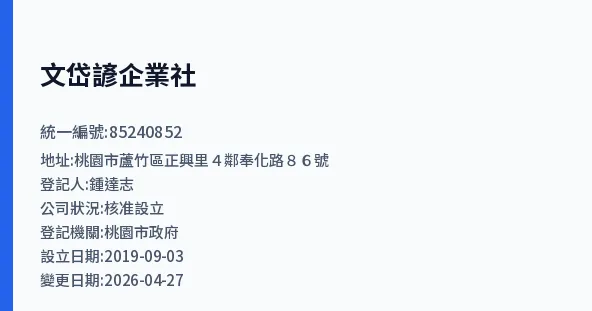 文岱諺企業社的照片-統編 85240852(桃園市) 公司登記資料與營業項目詳細圖表