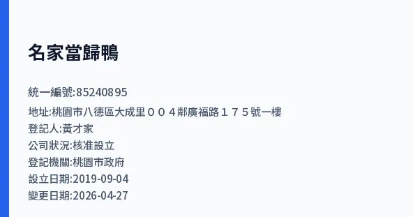 名家當歸鴨的照片-統編 85240895(桃園市) 公司登記資料與營業項目詳細圖表
