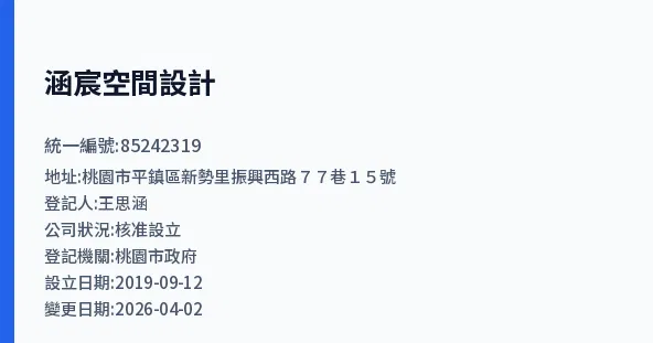 涵宸空間設計的照片-統編 85242319(桃園市) 公司登記資料與營業項目詳細圖表