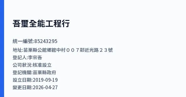 吾璽全能工程行的照片-統編 85243295(苗栗縣) 公司登記資料與營業項目詳細圖表